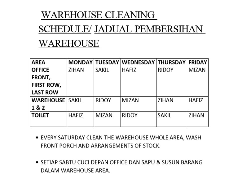 Warehouse Cleaning Schedule | PDF