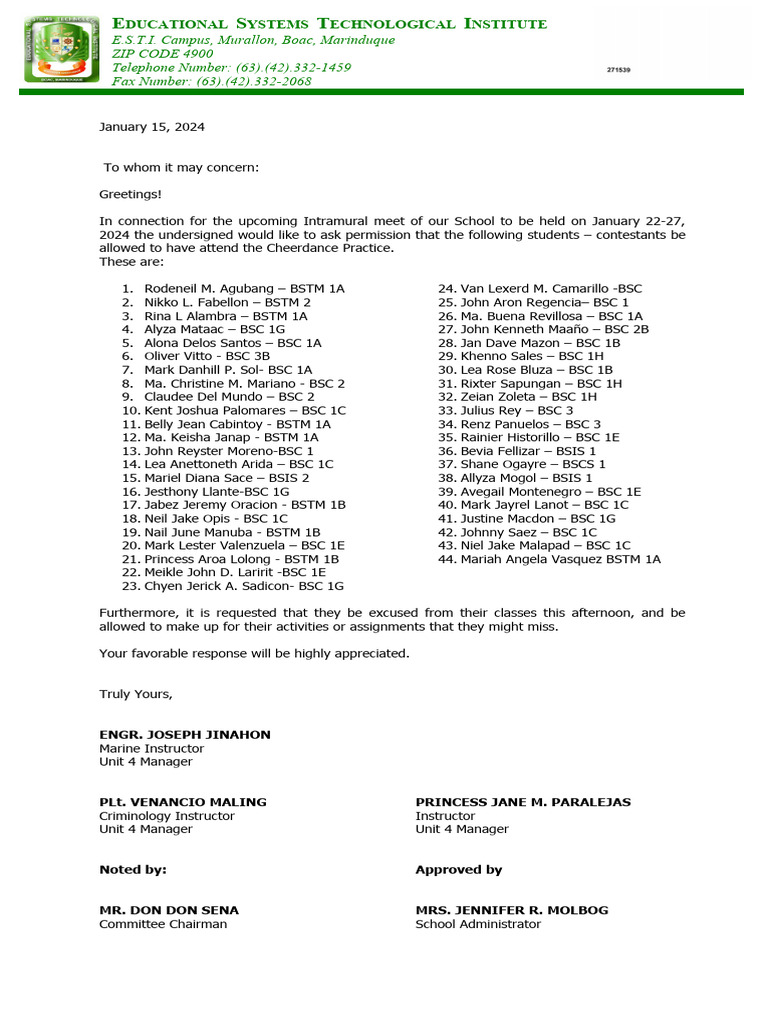 Excuse Letter Cheerdancers | PDF