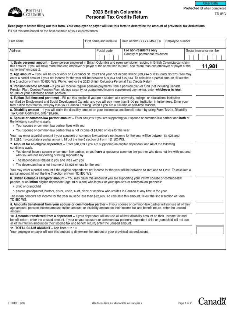 TD1 2023 - BC | Download Free PDF | Pension | Taxes