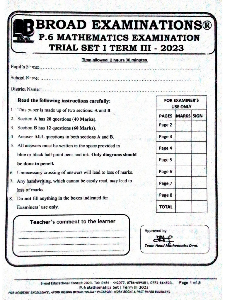 BROAD EXAMINATION 2023 P.6 MATHEMATICS | PDF
