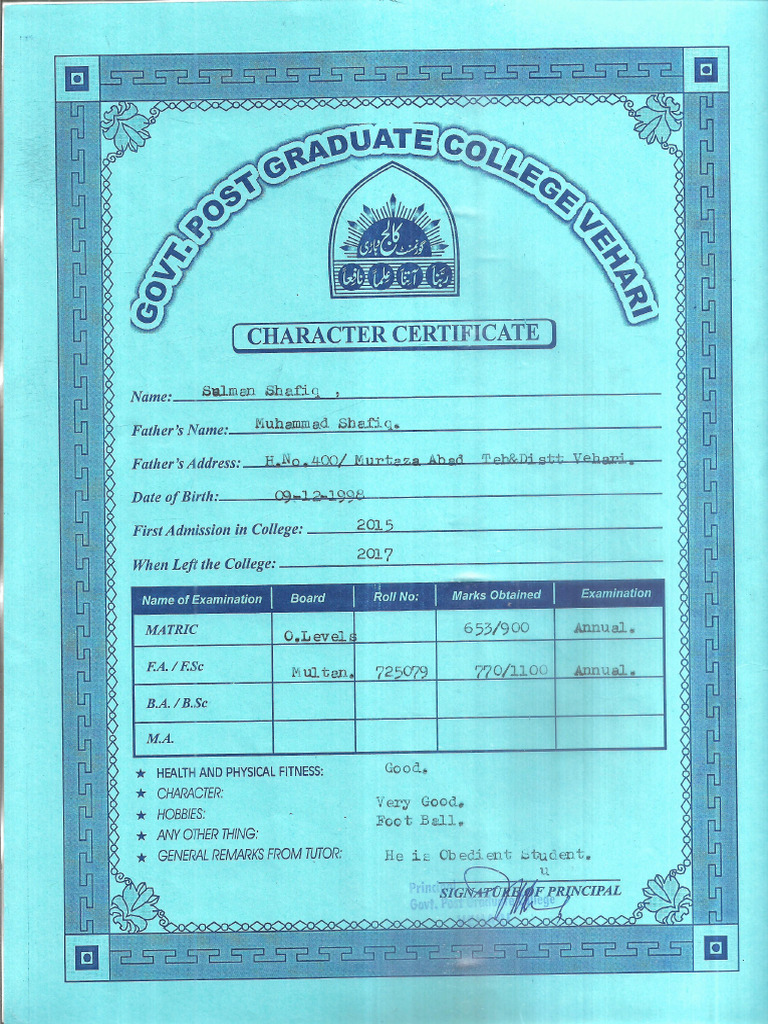 Characher Certficate | PDF