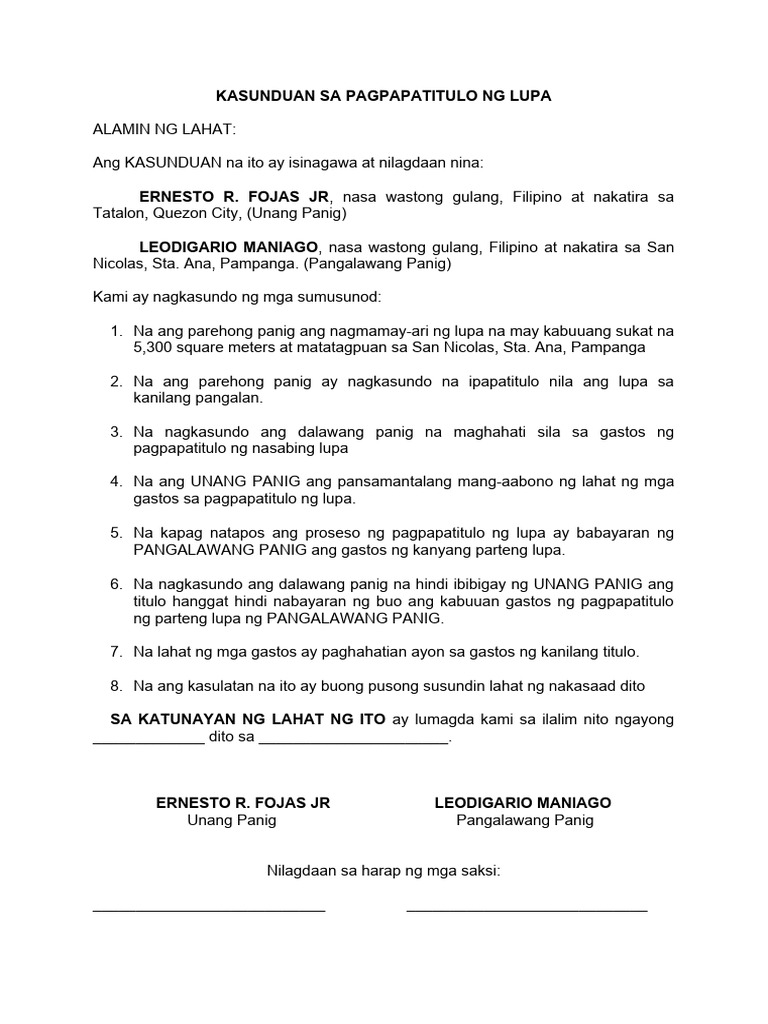 Kasunduan Sa Pagpapatitulo NG Lupa | PDF