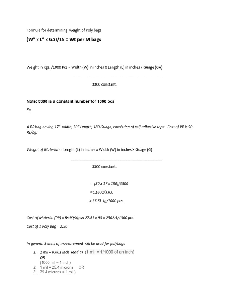 Poly Bag Weight Calculation Formula | PDF