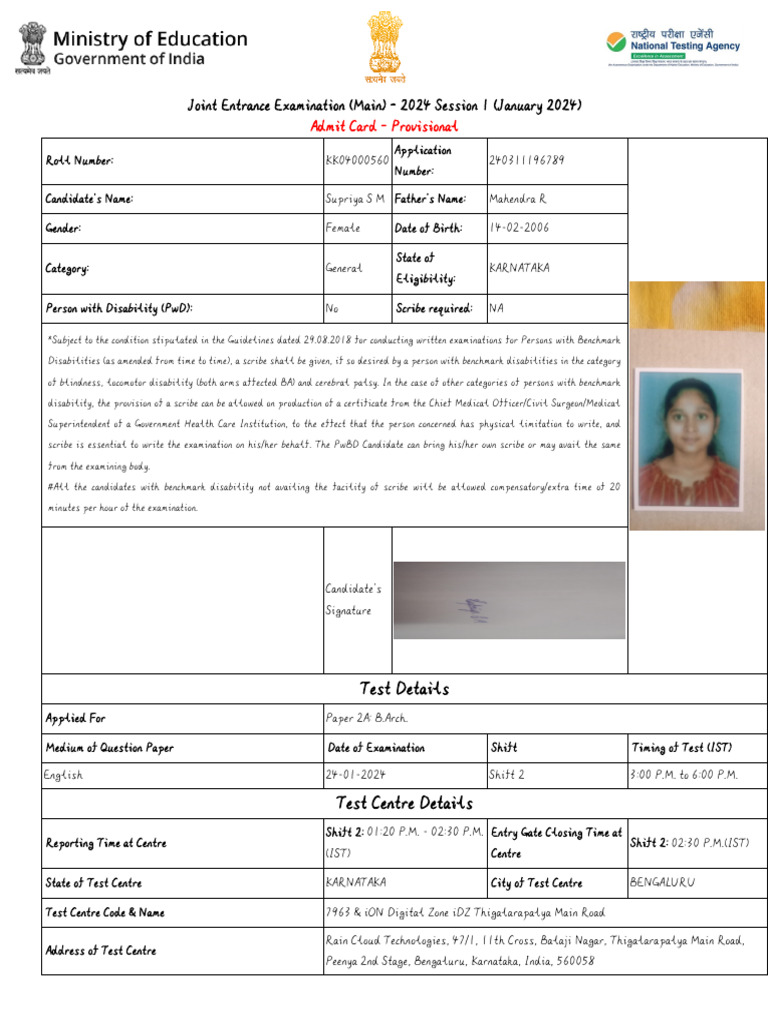 JEE Main 2024 Session 1 Admit Card | PDF | Identity Document