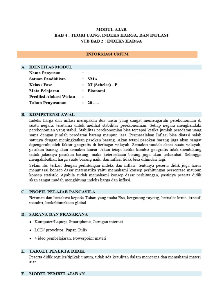 Modul Ajar Indeks Harga dan Inflasi | PDF