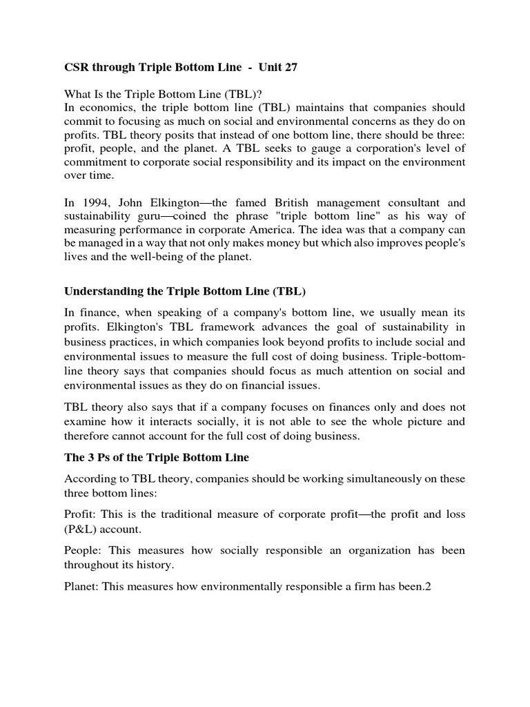 CSR Through Triple Bottom Line - Unit 27 | PDF | Business Economics ...