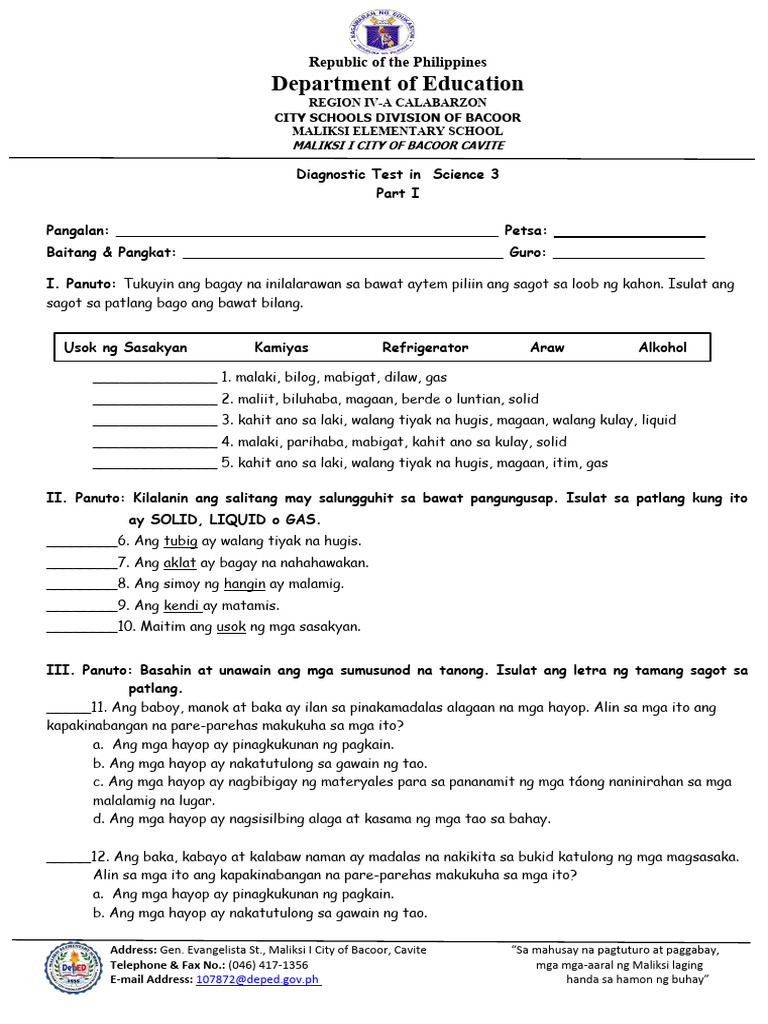 Diagnostic Test Science III With TOS 40 Items | PDF