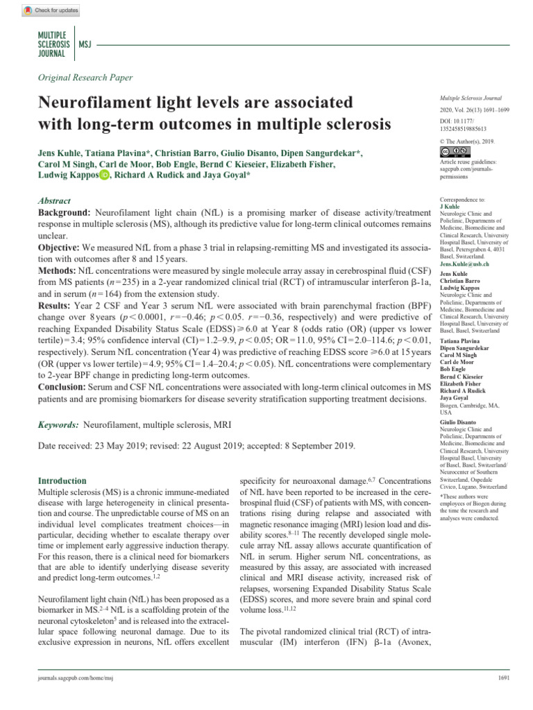 Kuhle Et Al 2019 Neurofilament Light Levels Are Associated With Long Term Outcomes in Multiple ...