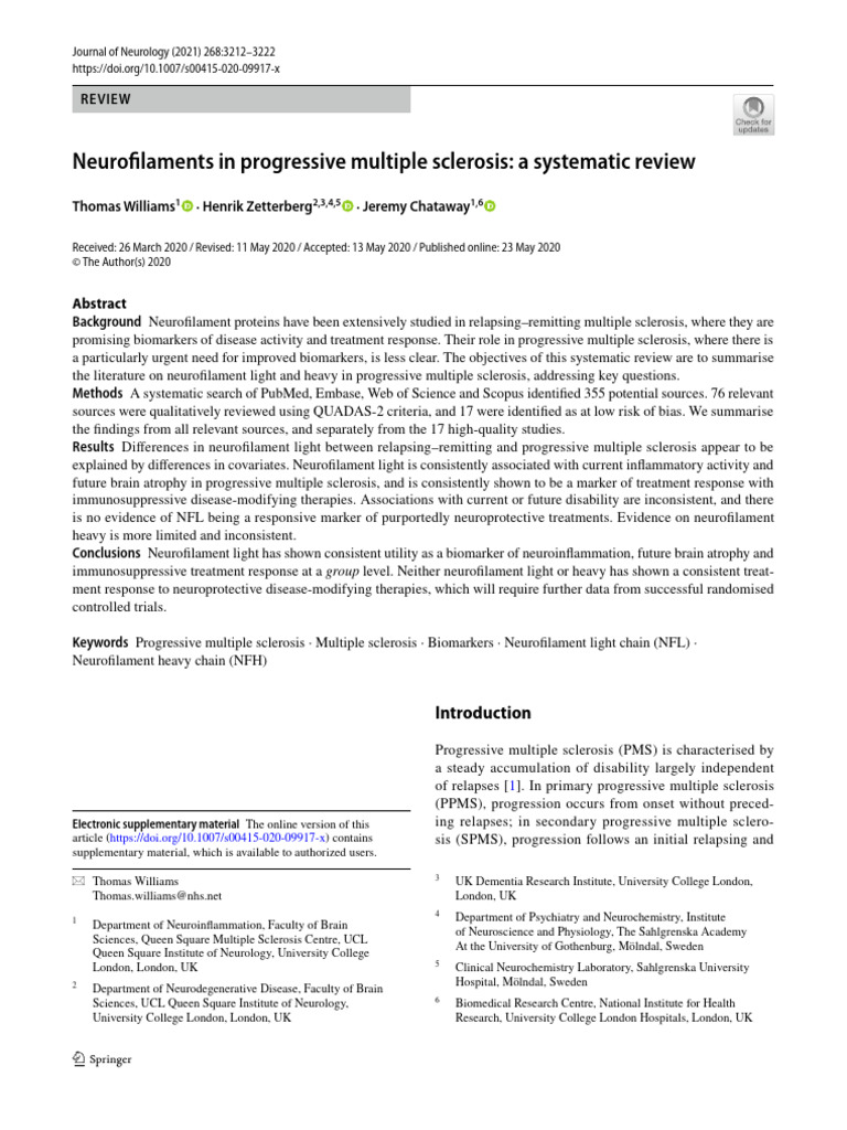 Neurofilaments in Progressive Multiple Sclerosis: A Systematic Review ...