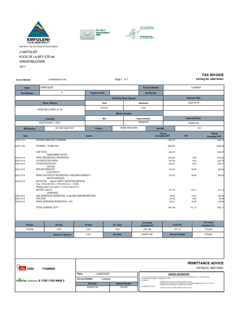 Emfuleni Statement 11029909 | Download Free PDF | Value Added Tax | Taxes