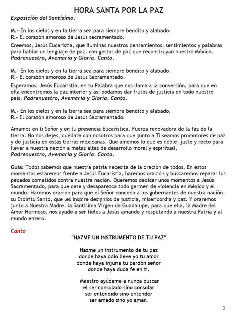 Hora Santa Por La Paz V2 Pdf Eucaristía Cristo Título