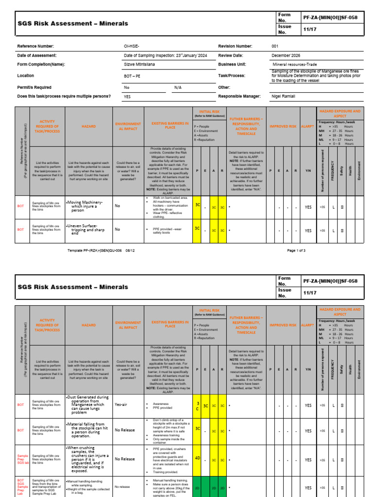 PF-ZA-MINOI-SF-058 SGS Risk Assessment - Vessel Sampling | PDF | Risk ...