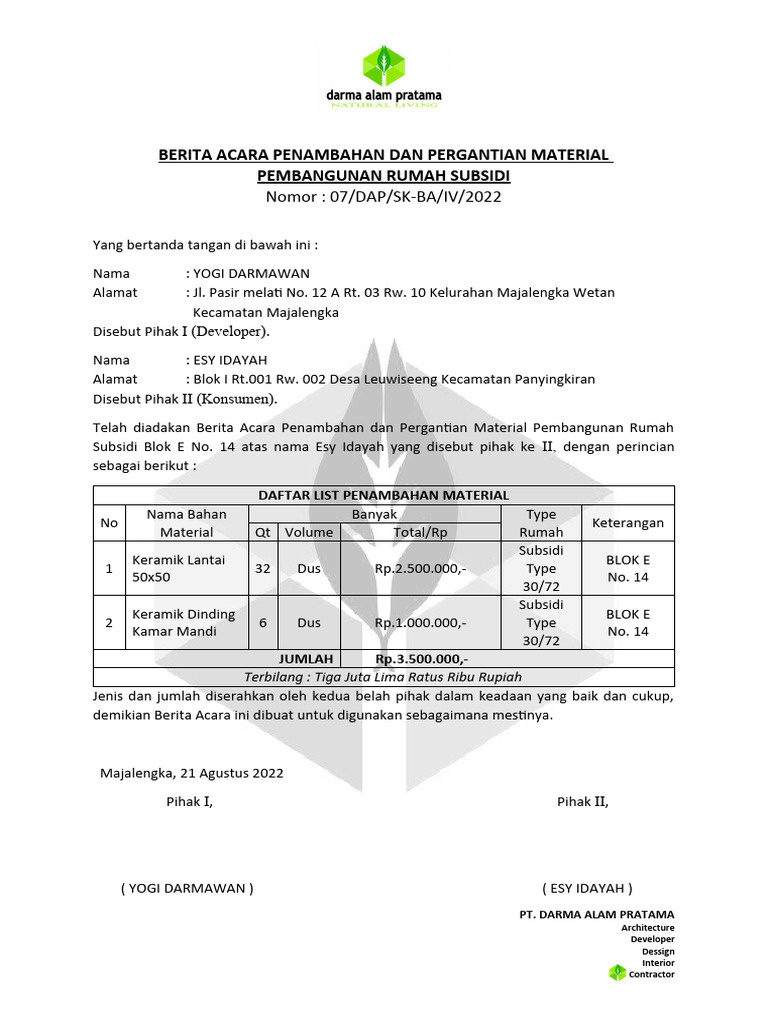Berita Acara Penambahan Material Rumah Subsidi | PDF