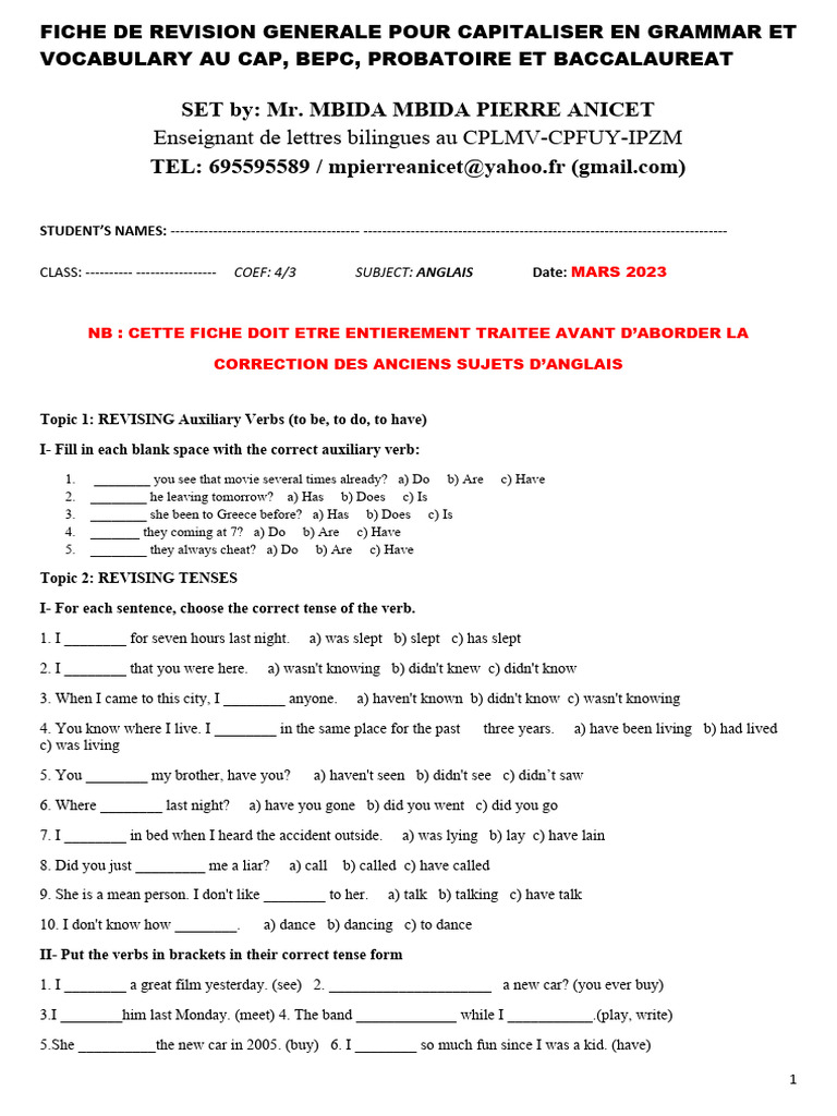 Fiche de Revision Generale Pour Capitaliser en Grammar Et Vocabulary ...