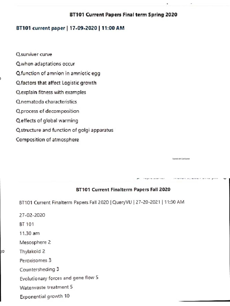 Bt101 2020 Past Papers by Tabih Fatima | PDF