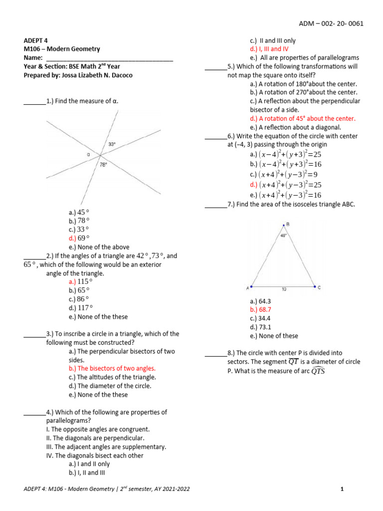 ADEPT 4 M106 Modern Geometry Questionnaire With Key | PDF | Triangle | Geometric Shapes