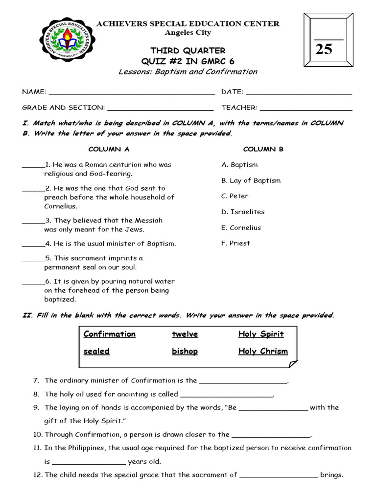 GMRC Quiz for Grade 3 Students | PDF | Confirmation | Baptism