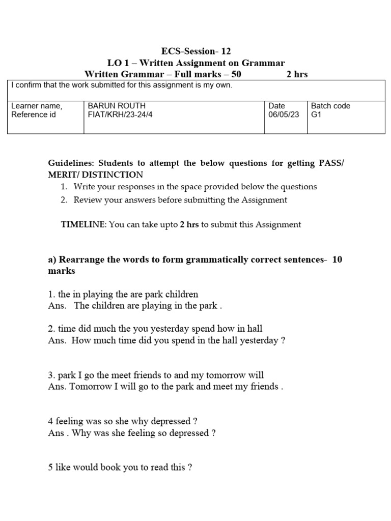 Grammar Assignment for Students | PDF | Language Arts & Discipline | Foreign Language Studies