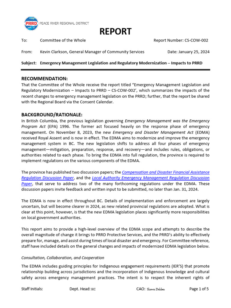 Emergency and Disaster Management Act Impacts To The PRRD - CS-COW-002 ...