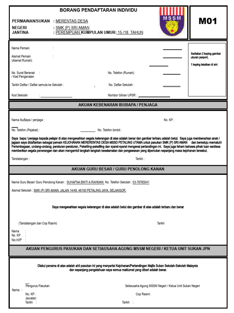 Borang Pendaftaran M01 MERENTAS DESA | PDF