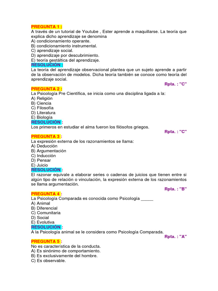 Banco de Preguntas Psicologia | PDF | Sicología | Pensamiento