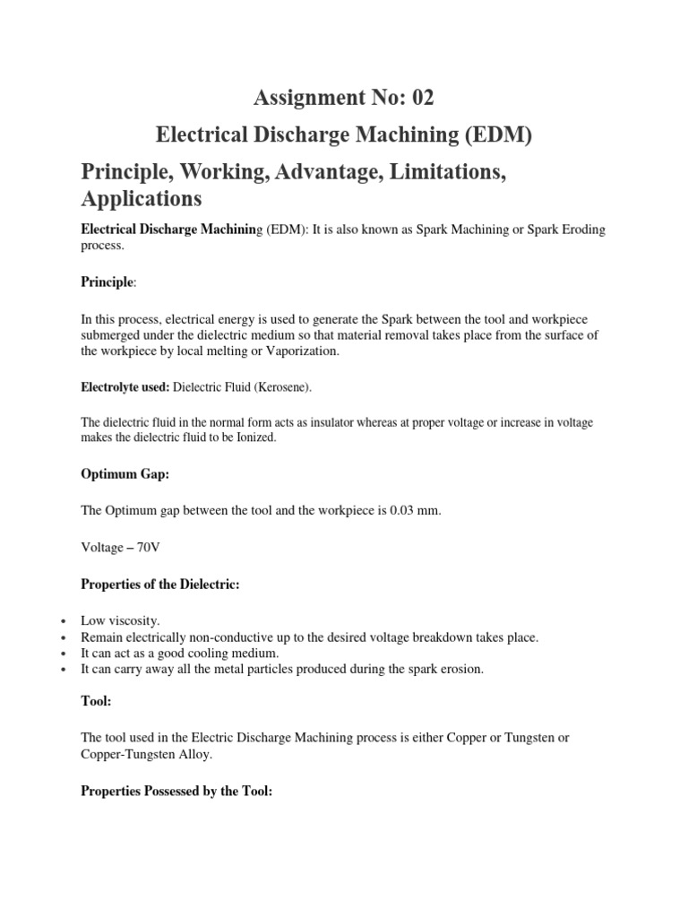 Assignment No 02 Electrical Discharge Machining | PDF | Machining | Electrical Components