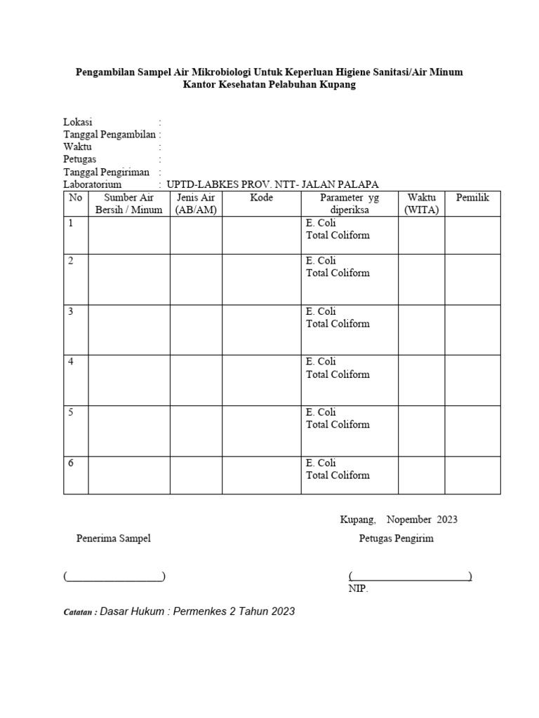 Form Pengambilan Sampel Air Dan Makanan 2023 | PDF
