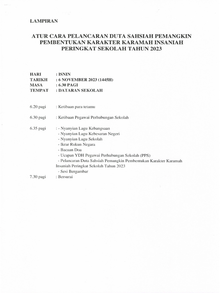 Aturcara Majlis Pelancaran Duta Sahsiah (6 Nov 2023) Isnin | PDF