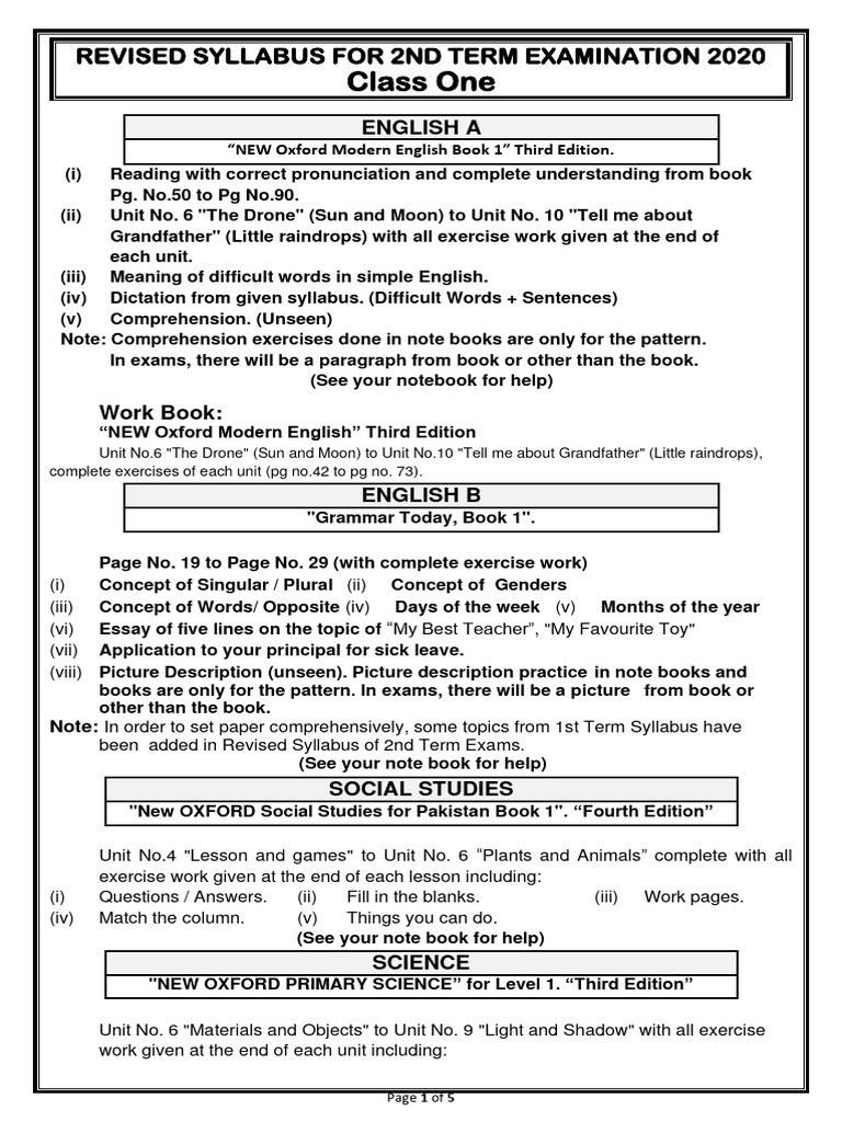 Class One 2nd Term Syllabus 2020 | PDF | Books | English Language