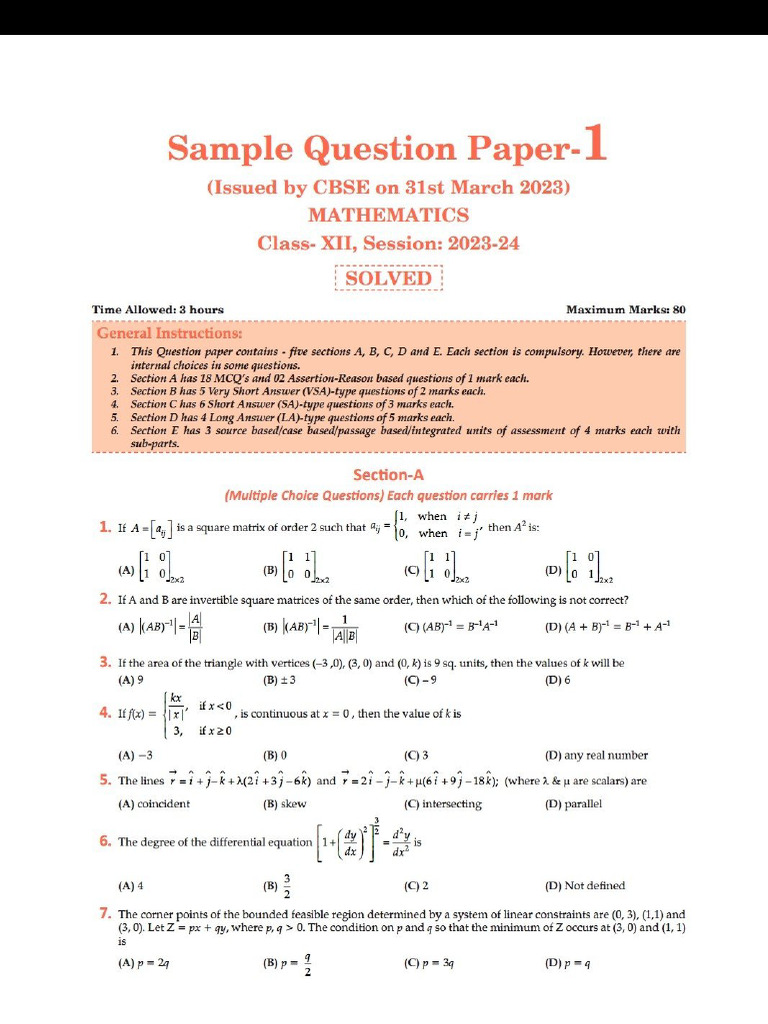 Maths Sample Paper Oswal | PDF