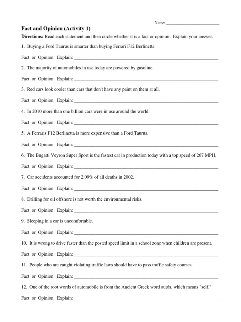 ELC091 W3 Fact and Opinion (Exercise 1) | PDF