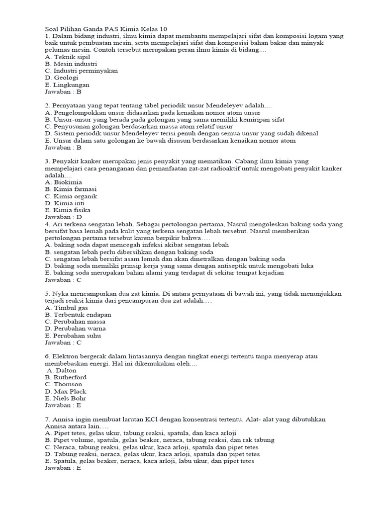 Soal Pilihan Ganda PAS Kimia Kelas 10 | PDF