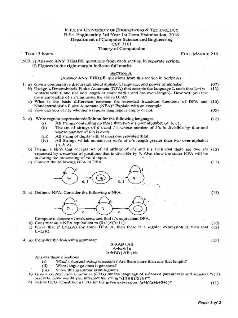 CSE 3101 Theory of Computation Exam Guide | PDF | Relational Model ...