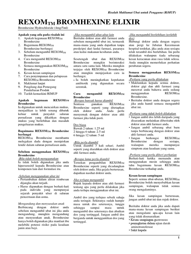 Rexom Bromhexine Elixir Bromhexine Hydrochloride KCK PHARMACEUTICAL ...
