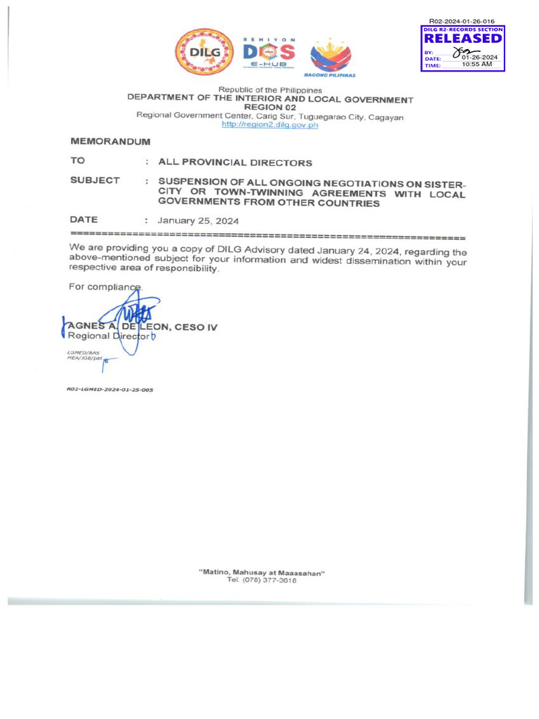 Memo Re Suspension of All Ongoing Negotiations On Sister-City or Town ...