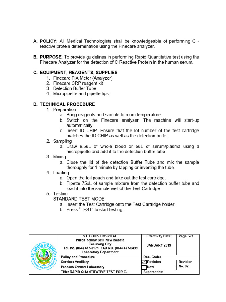 Crp W.I. SOP for Finecare | PDF