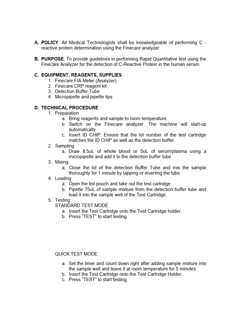 CRP W.I. SOP For Finecare | PDF | C Reactive Protein | Blood Plasma