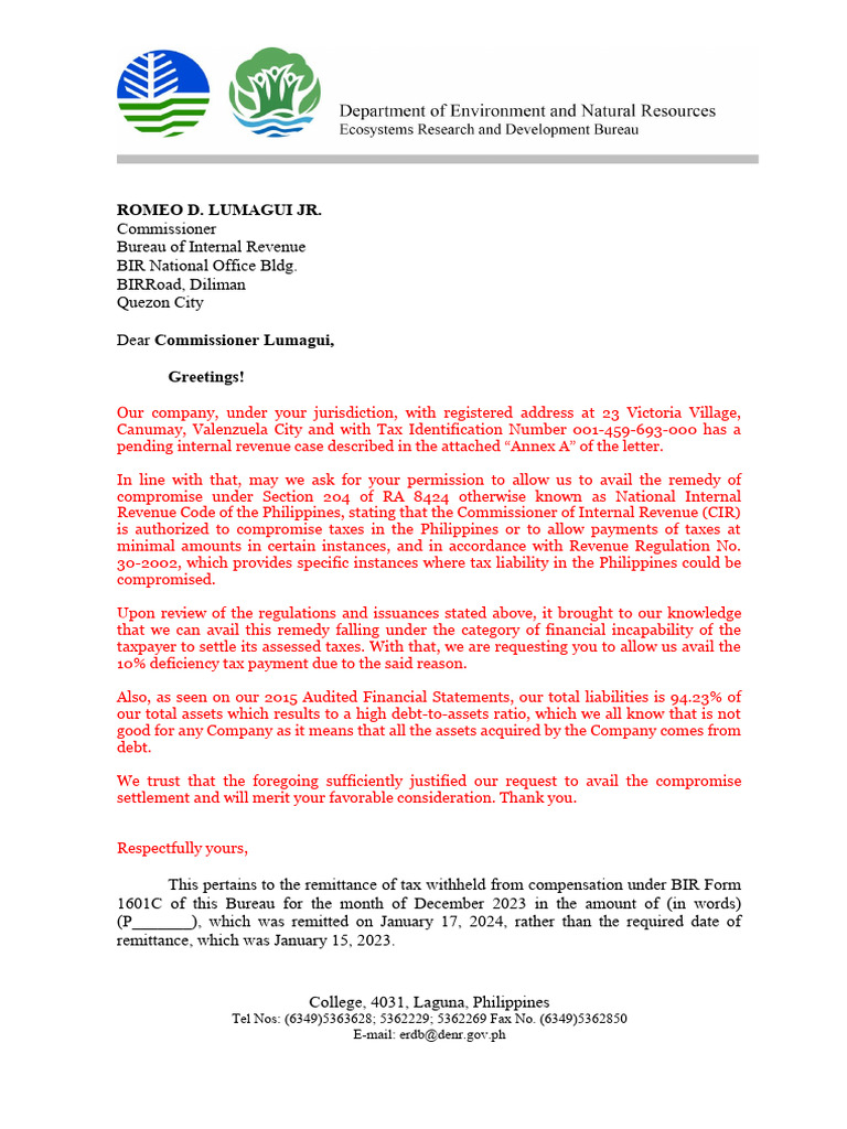 Letter To Commissioner BIR | PDF | Internal Revenue Service | Taxes