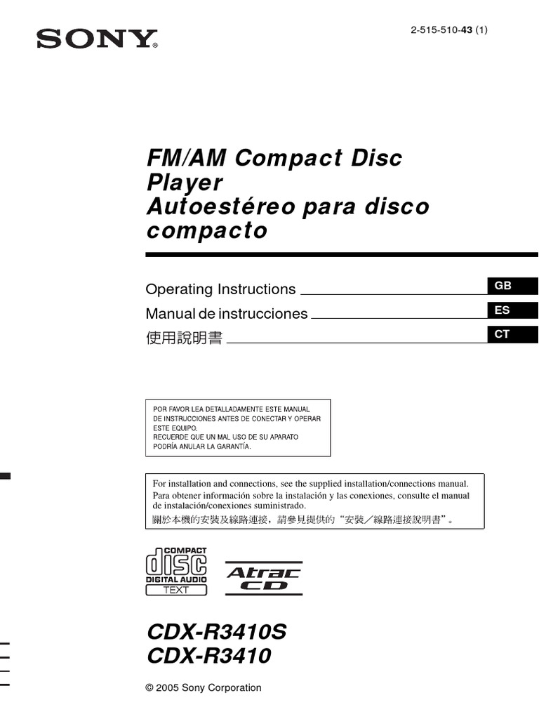 FM AM Compact Disc Player Autoestéreo para Disco Compacto: CDX-R3410S ...
