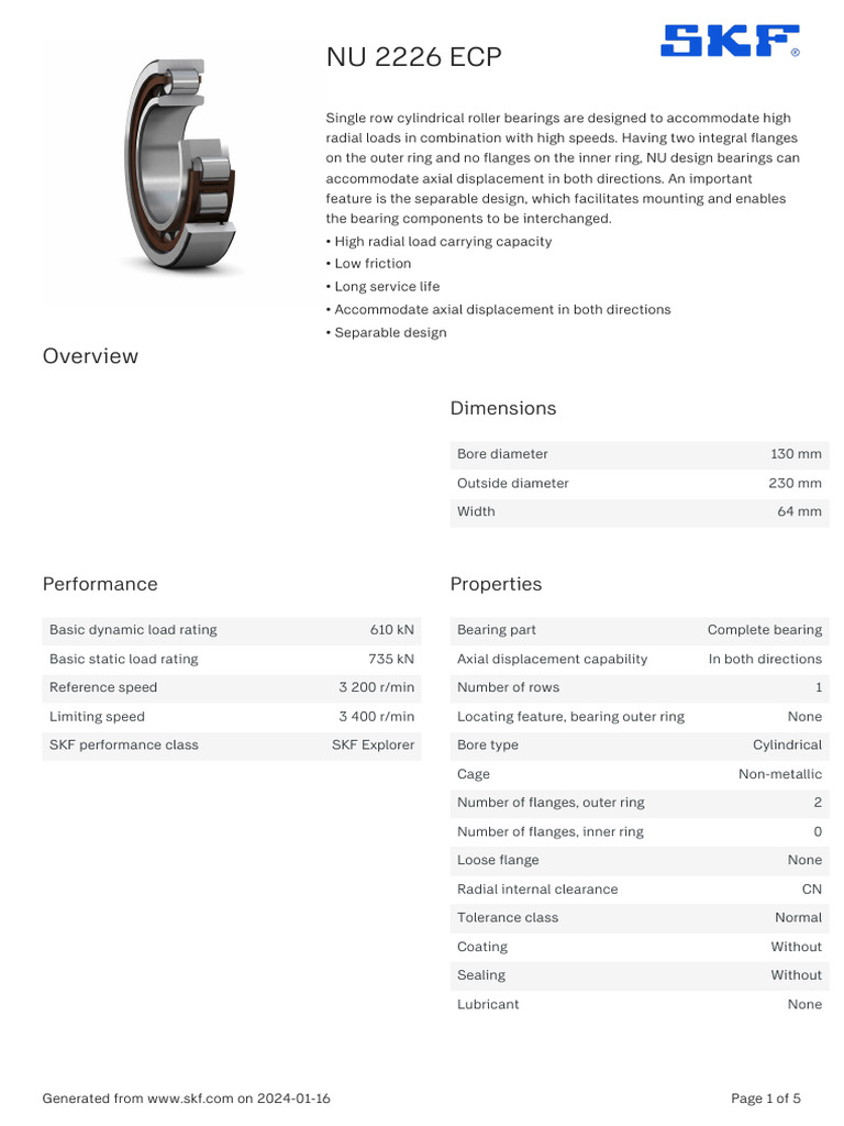 SKF NU 2226 ECP Specification | PDF | License | Bearing (Mechanical)