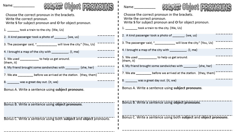Worksheet - Subject Vs Object Pronouns v2 | PDF | Language Arts ...