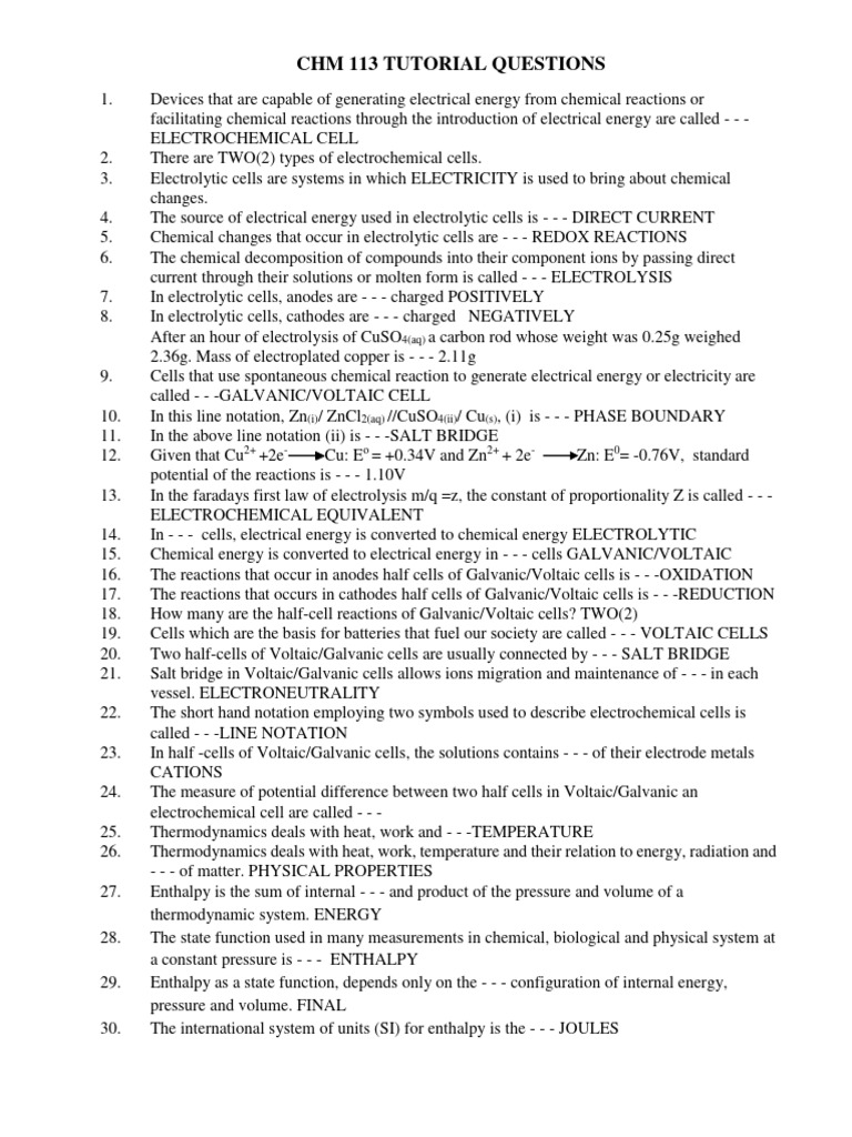 Chem 113 Tutorial Questions and Answers | PDF | Electrochemistry | Entropy