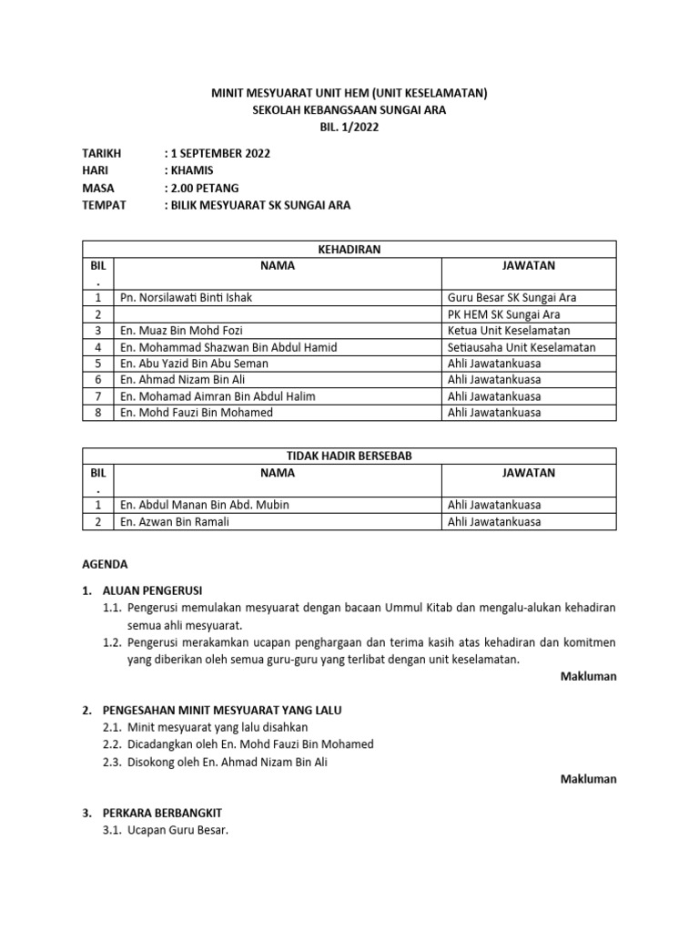 Minit Mesyuarat Unit Hem 1 | PDF