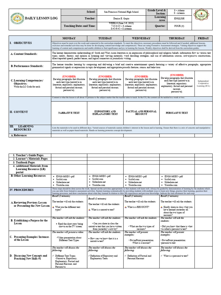 DLL Eng8 4thQ Week 6 | PDF