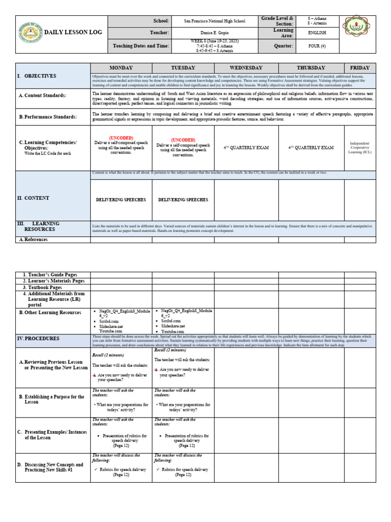 DLL Eng8 4thQ Week 8 | PDF | Learning | Teachers
