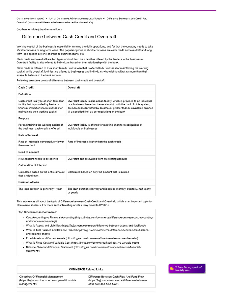 Cash Credit vs Overdraft Explained | PDF | Credit | Finance & Money Management