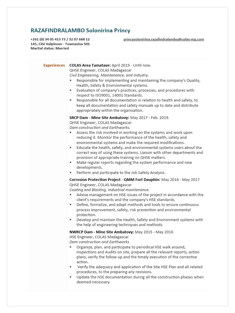 QHSE Engineer Resume - Solonirina Princy | PDF | Safety | Risk
