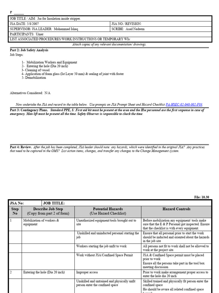 Jsa For Insulation Inside Stripper. | PDF | Personal Protective ...