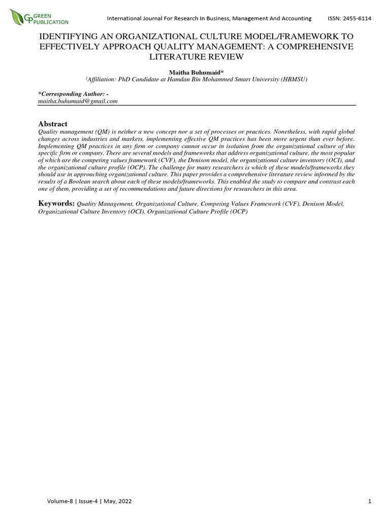 Identifying An Organizational Culture Model/Framework To Effectively Approach Quality Management ...