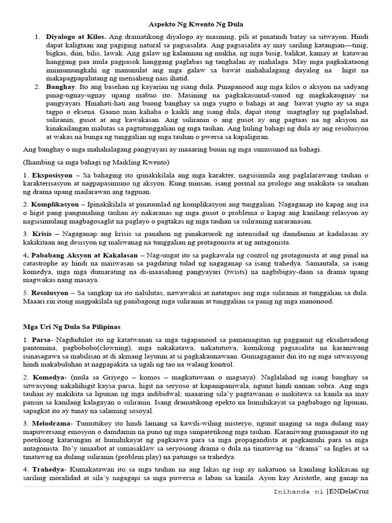 Aspekto Ng Kwento Ng Dula | PDF